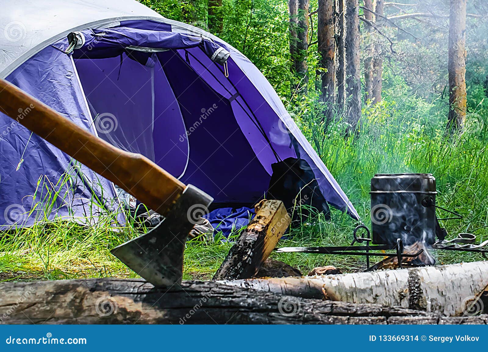 Rest of Tourists in the Forest Stock Photo - Image of heated, tent ...