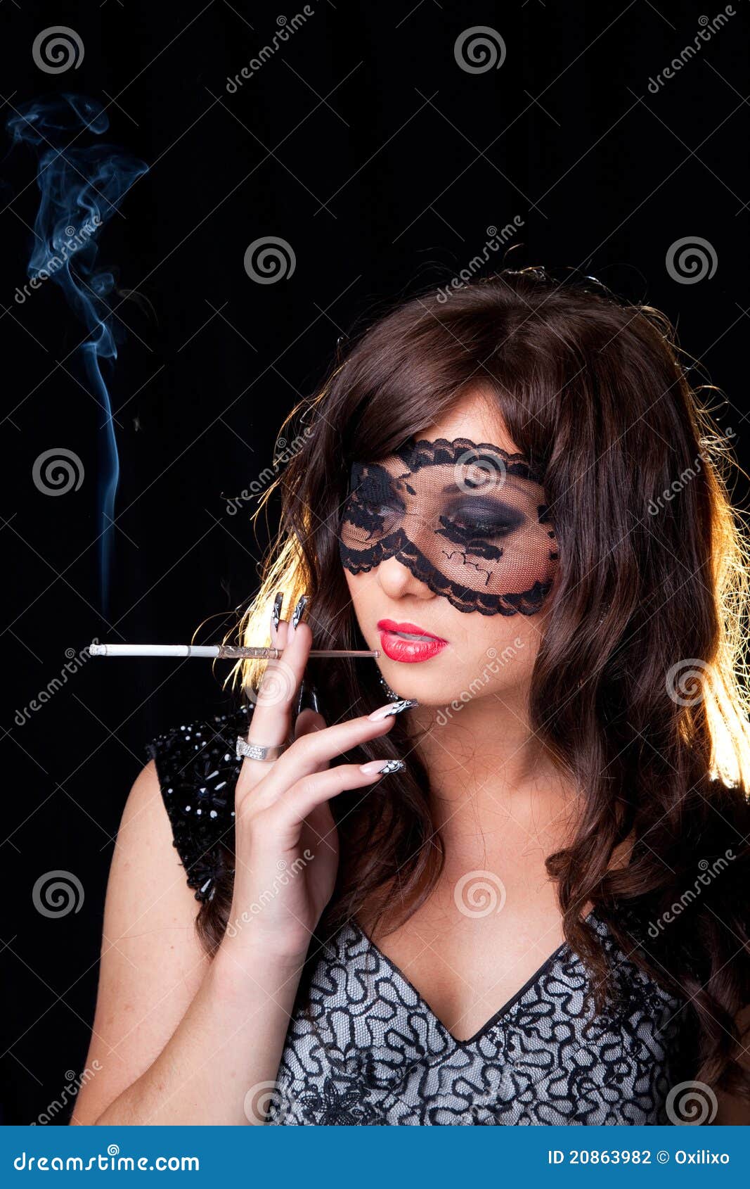 Smoking Lady With Lacy Mask On Black Stock Photography - Image: 20863982
