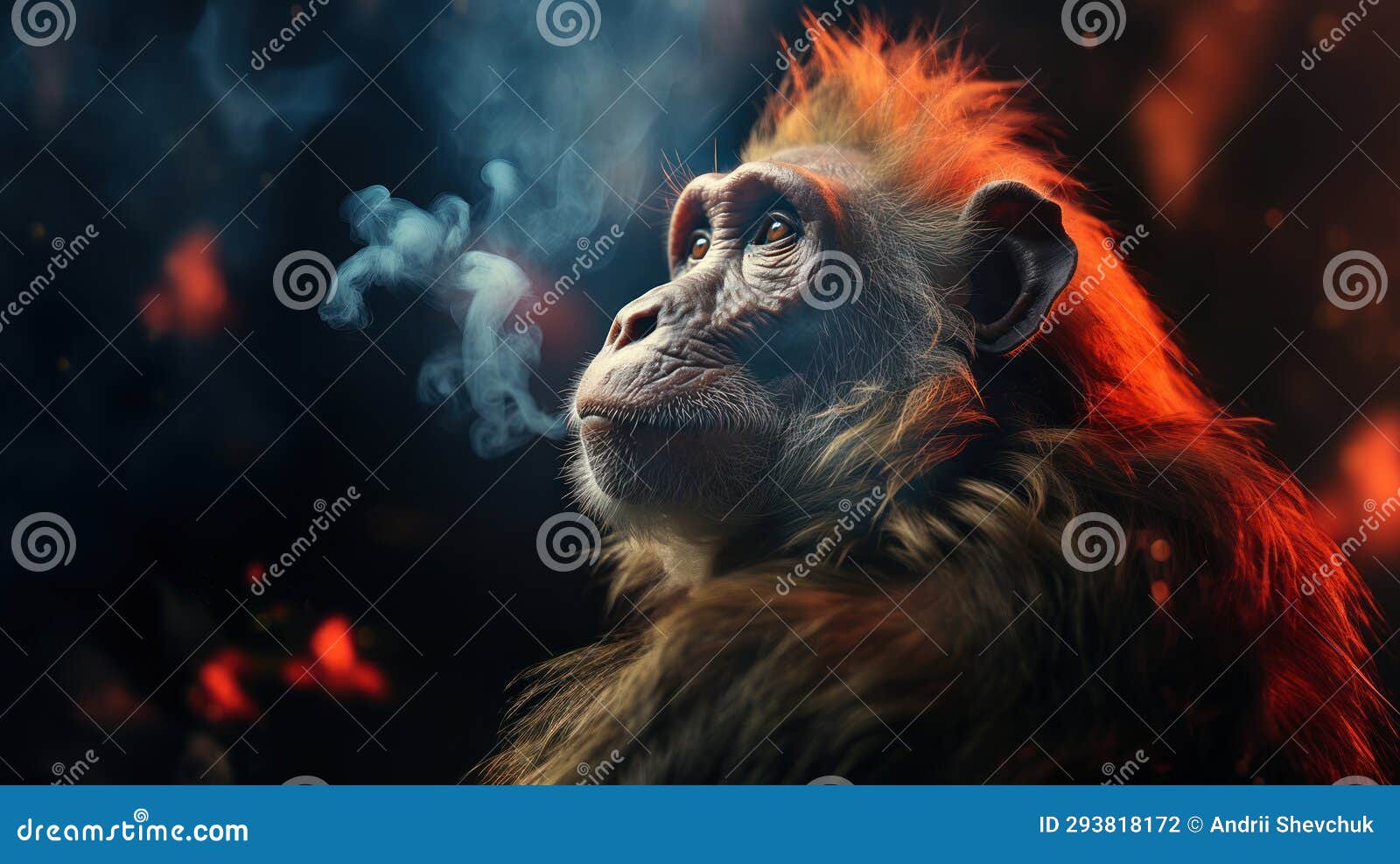 Smoking Monkey on Blue and Red Light Smoke Background Stock ...