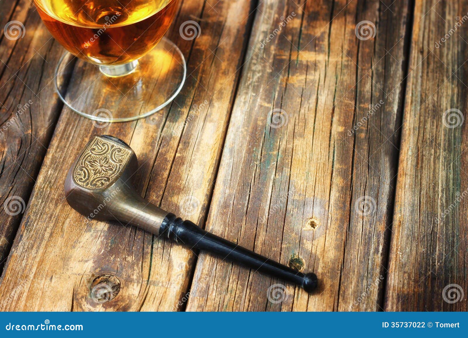 Smoking Pipe and Whiskey Glass on Wooden Table Stock Photo - Image of ...