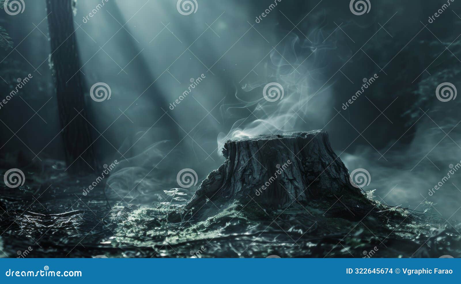 Smoking Tree Stump in a Dark Forest with Sunlight through Mist Stock ...