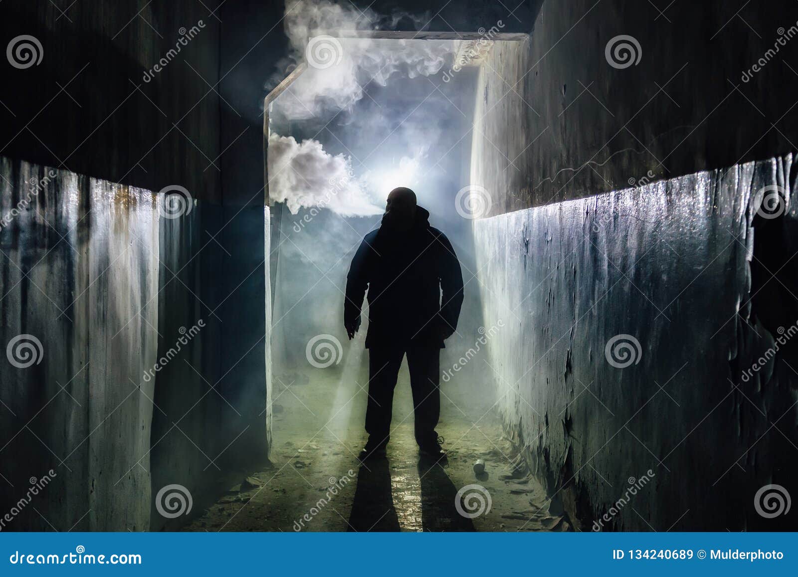 Smoking or Vaping Man Silhouette in Dark Gloomy Corridor Stock Image ...