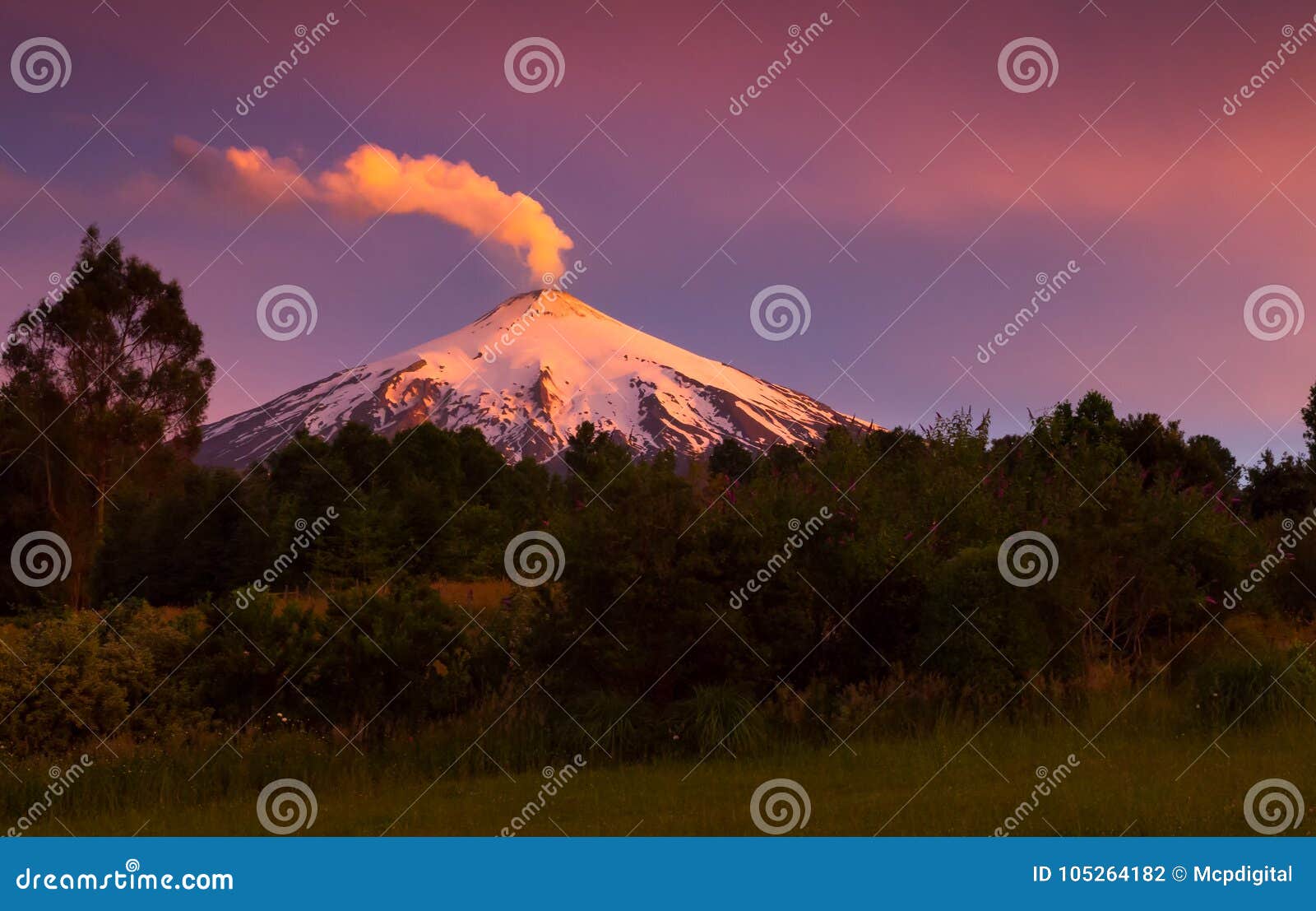 Smoking Volcano with Pink Blue Sunset Stock Photo - Image of peak ...