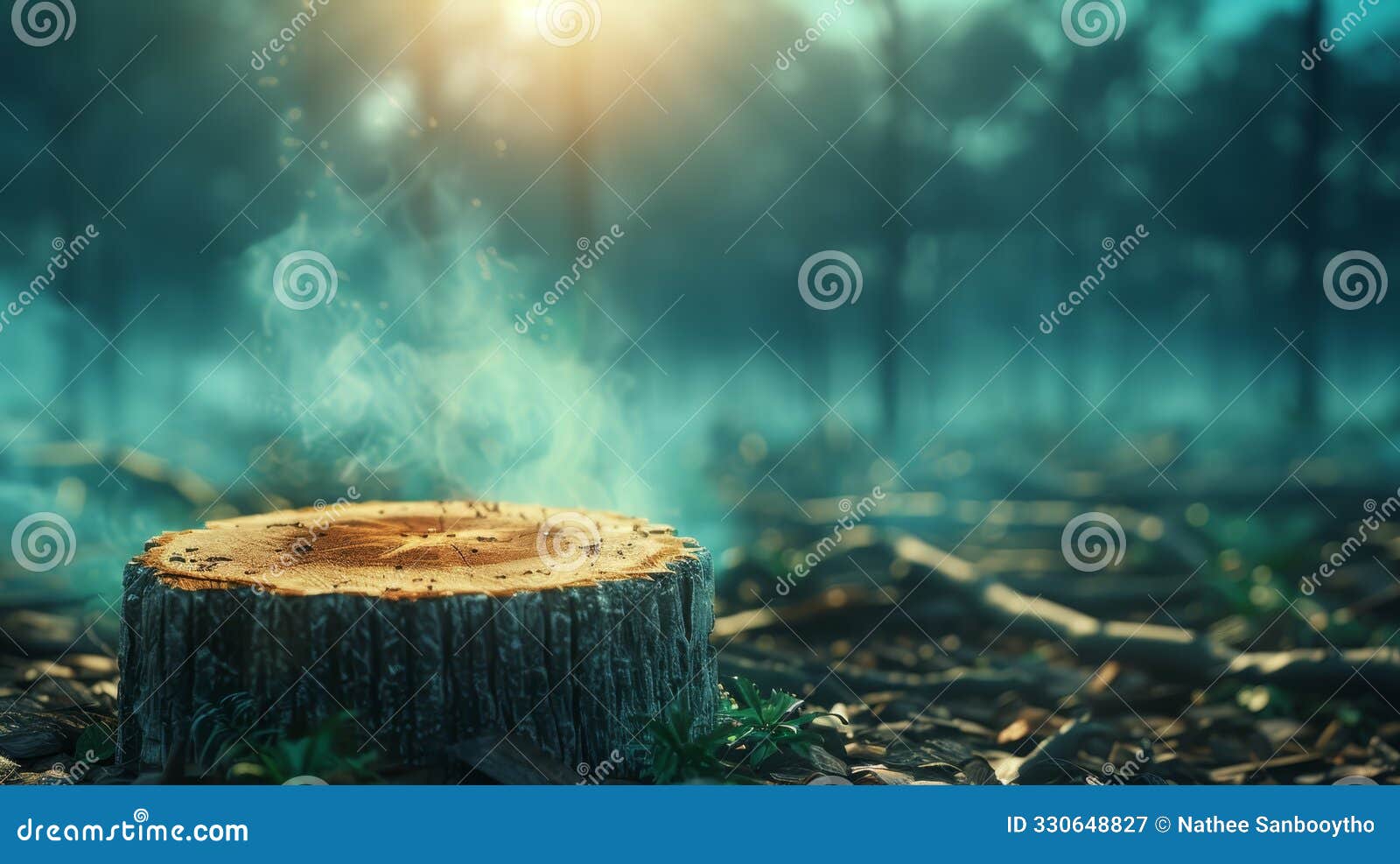 Smoldering Tree Stump in a Misty Forest after Deforestation Stock ...