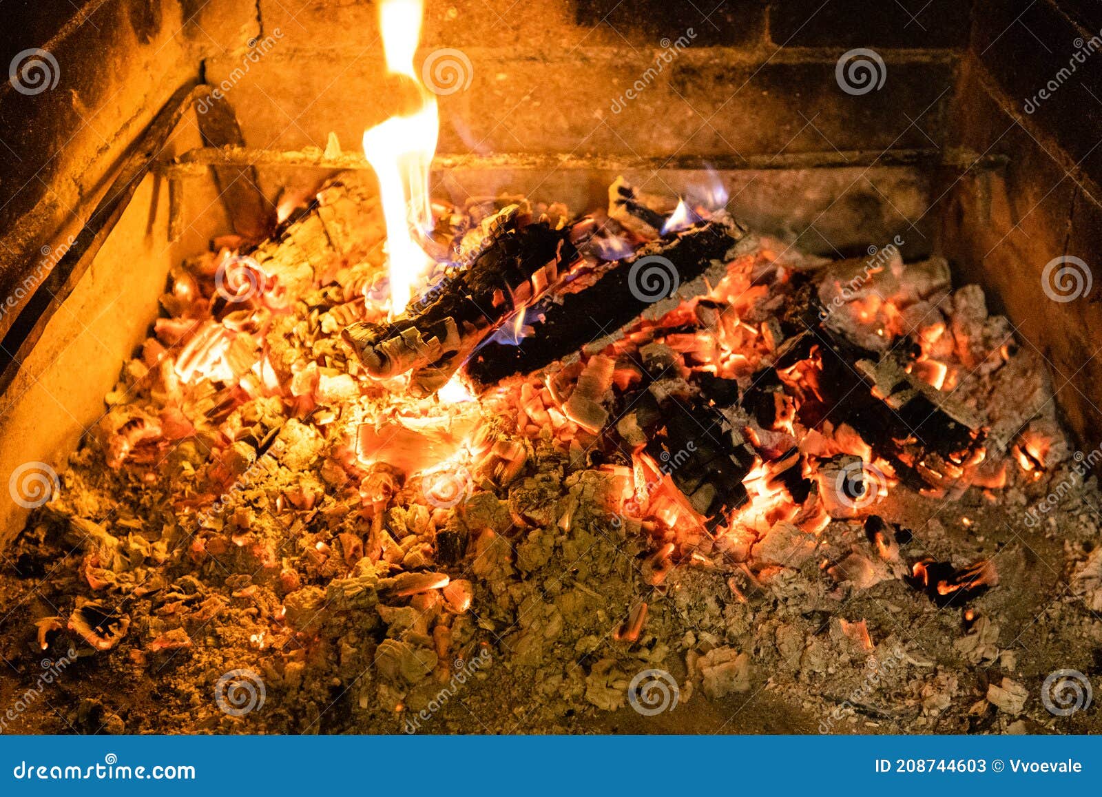 Smoldering Woods and Hot Ash in Fireplace Closeup Stock Image - Image ...