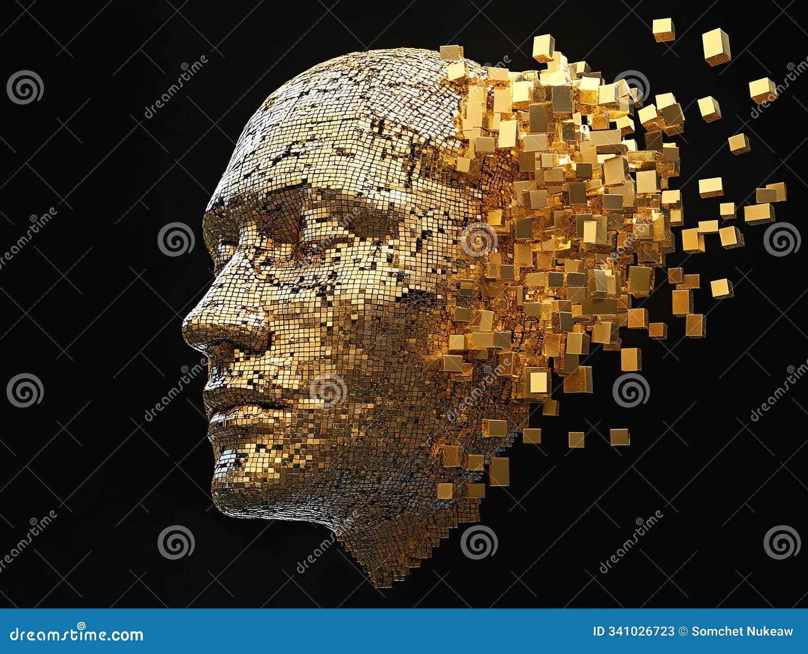 A Smooth, Golden Human Head Sculpture with the Right Side Dissolving ...