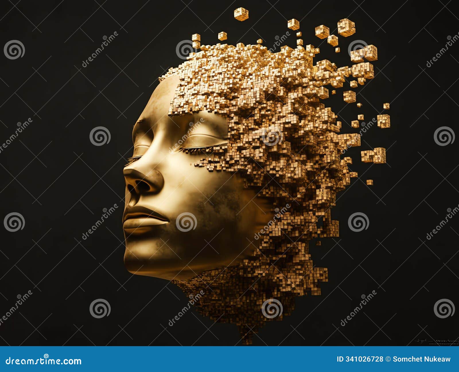 A Smooth, Golden Human Head Sculpture with the Right Side Dissolving ...