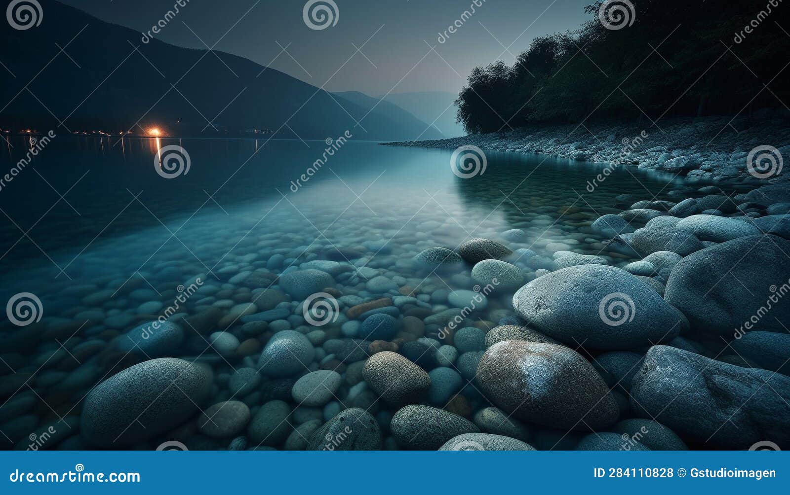 Smooth Pebbles Reflect Tranquil Mountain Range at Dusk Generated by AI ...