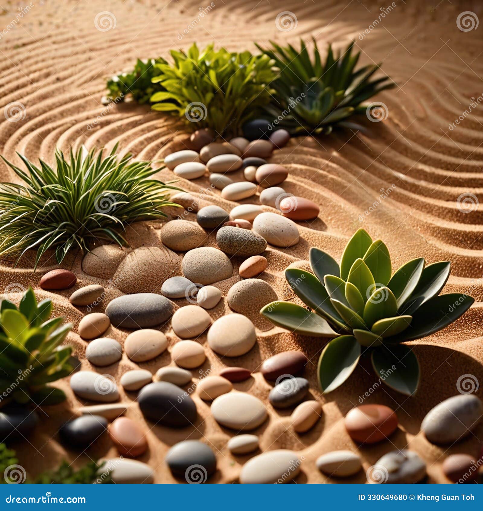 Smooth Pebbles and Sprigs of Greenery Arranged Artistically on Raked ...