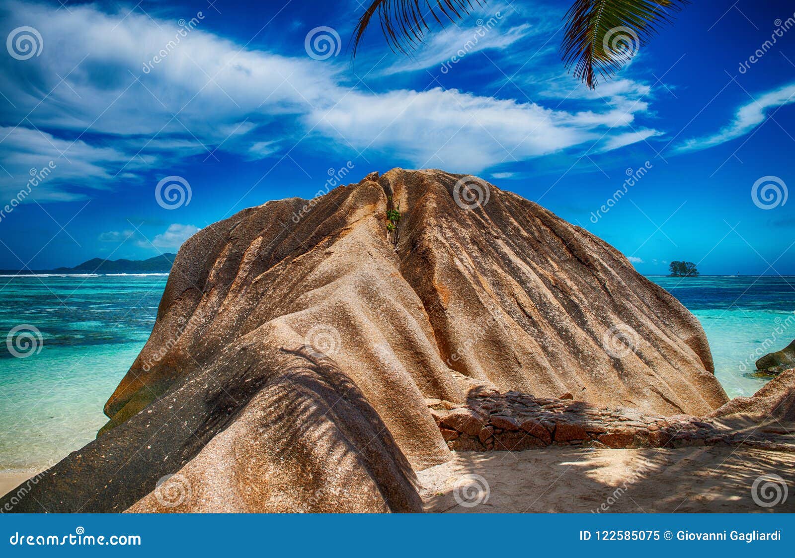 Smooth Rocks of Seychelles. Beautiful Beach with Palms Stock Image ...