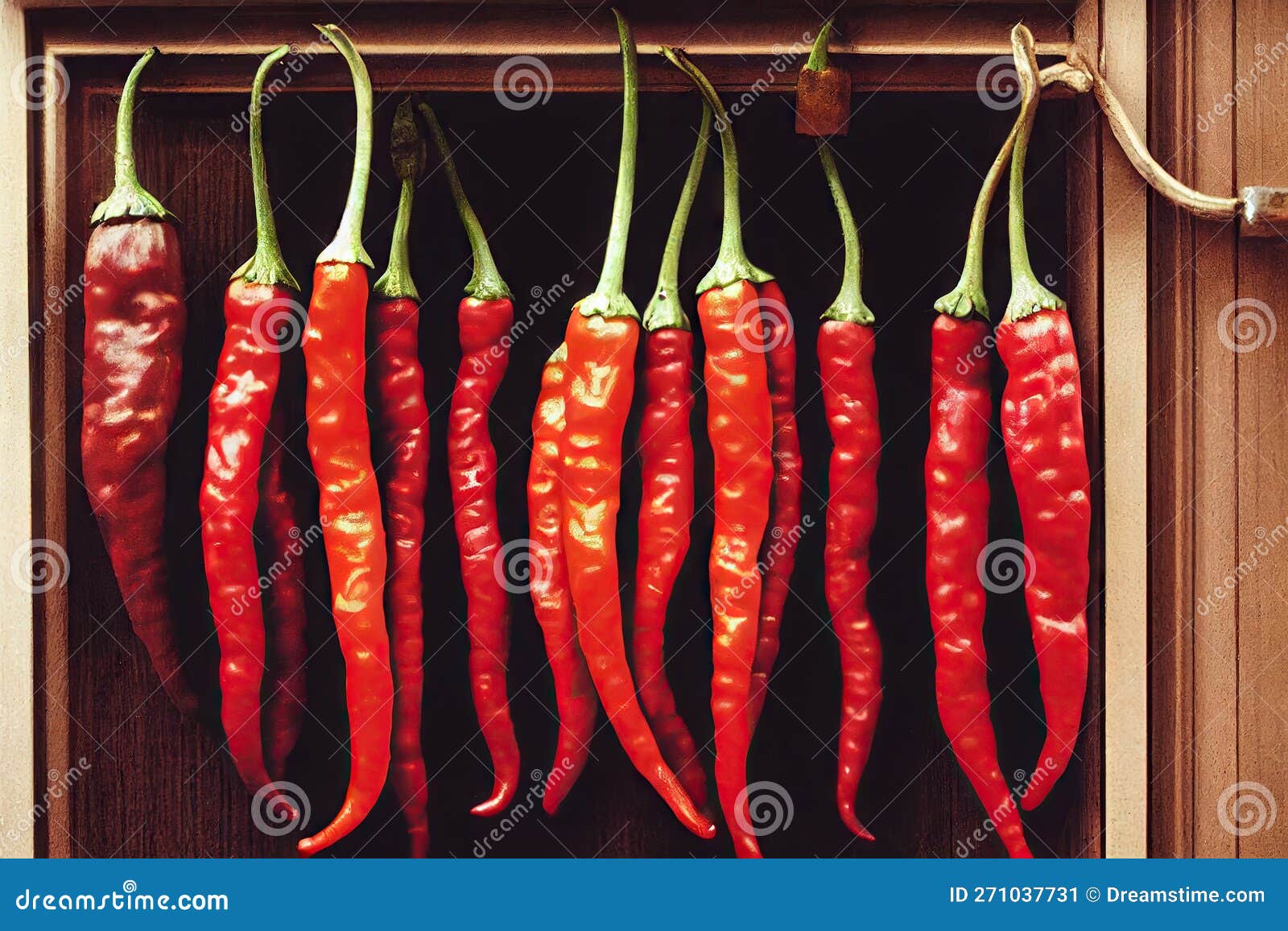 Smooth Row of Thin Red Pepper Hanging on Metal Bar Stock Illustration ...