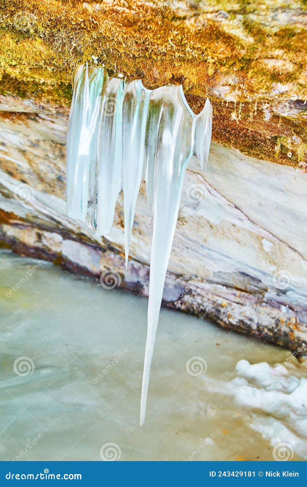 Smooth and Sharp Icicle Formation Attached To Mossy Rocks Stock Image ...