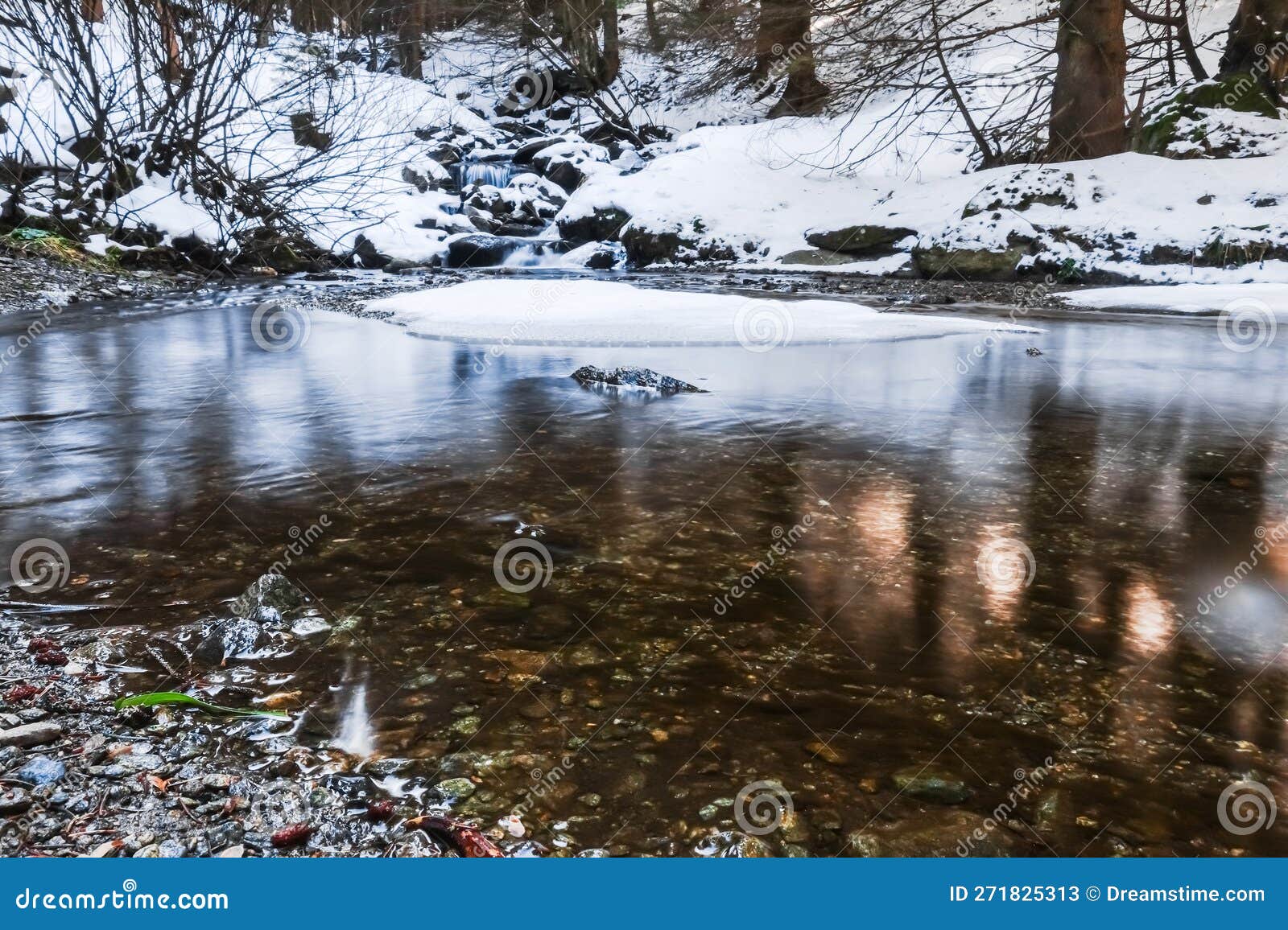 Smooth Water Surface in a Brook with Snow Stock Image - Image of rain ...
