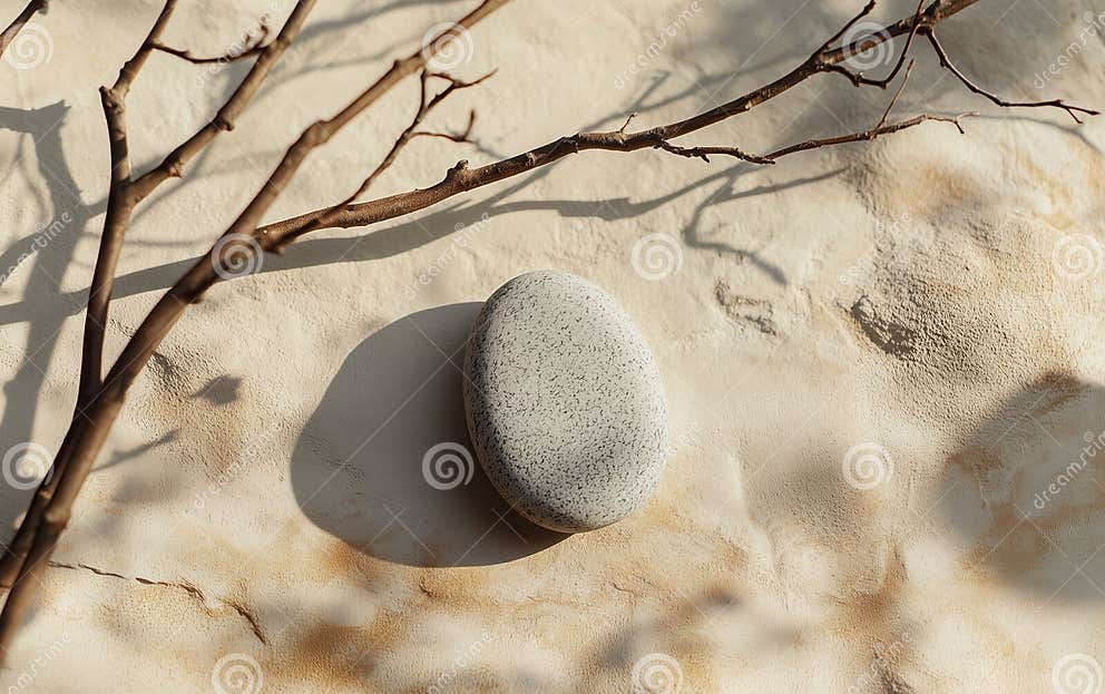 Smooth White Stone on Beige Textured Background with Dry Branches ...
