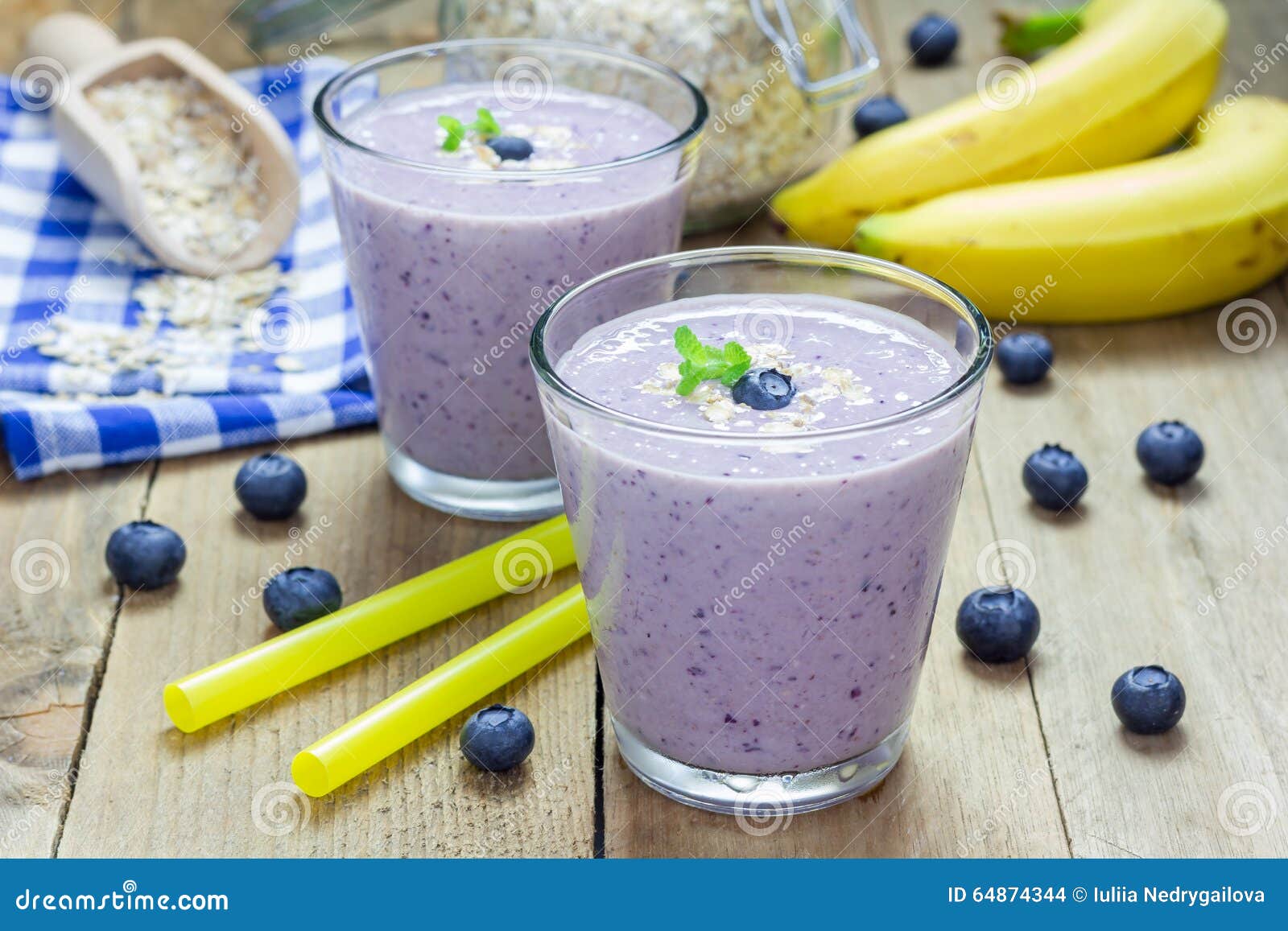 Smoothie With Blueberry Banana Oats Almond Milk And Yogurt Stock