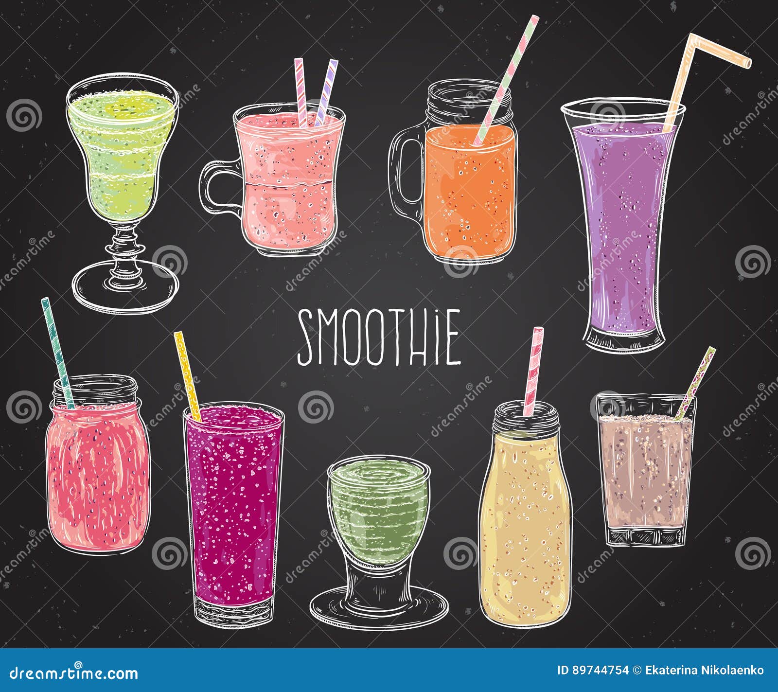 Smoothie Set On Chalkboard Healthy Food Elements Stock Vector Illustration Of Energy Glass