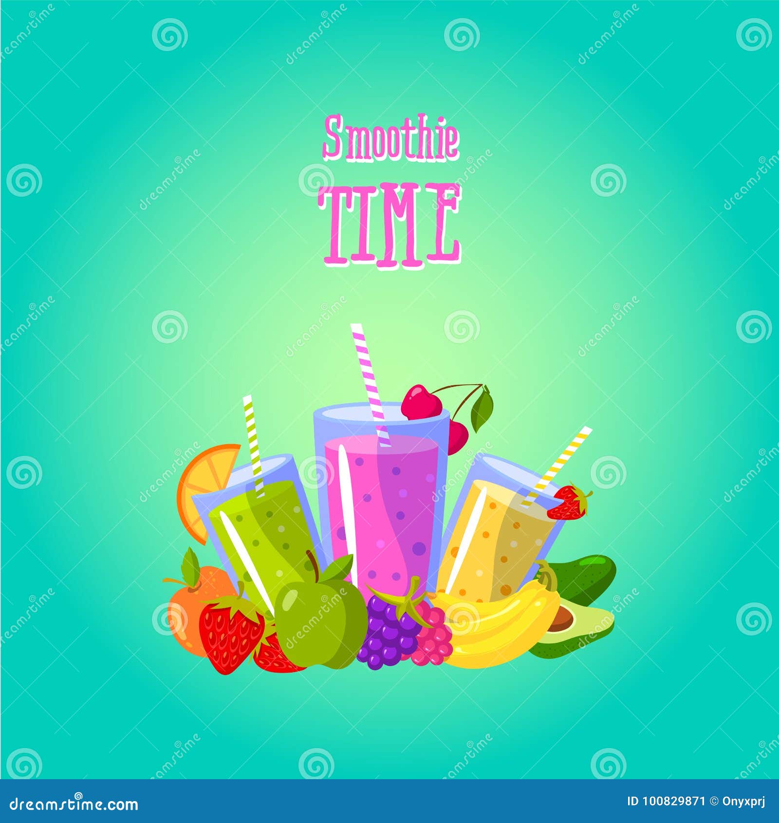 Smoothies Time. Vector Illustration with Different Smoothies and Fruits ...