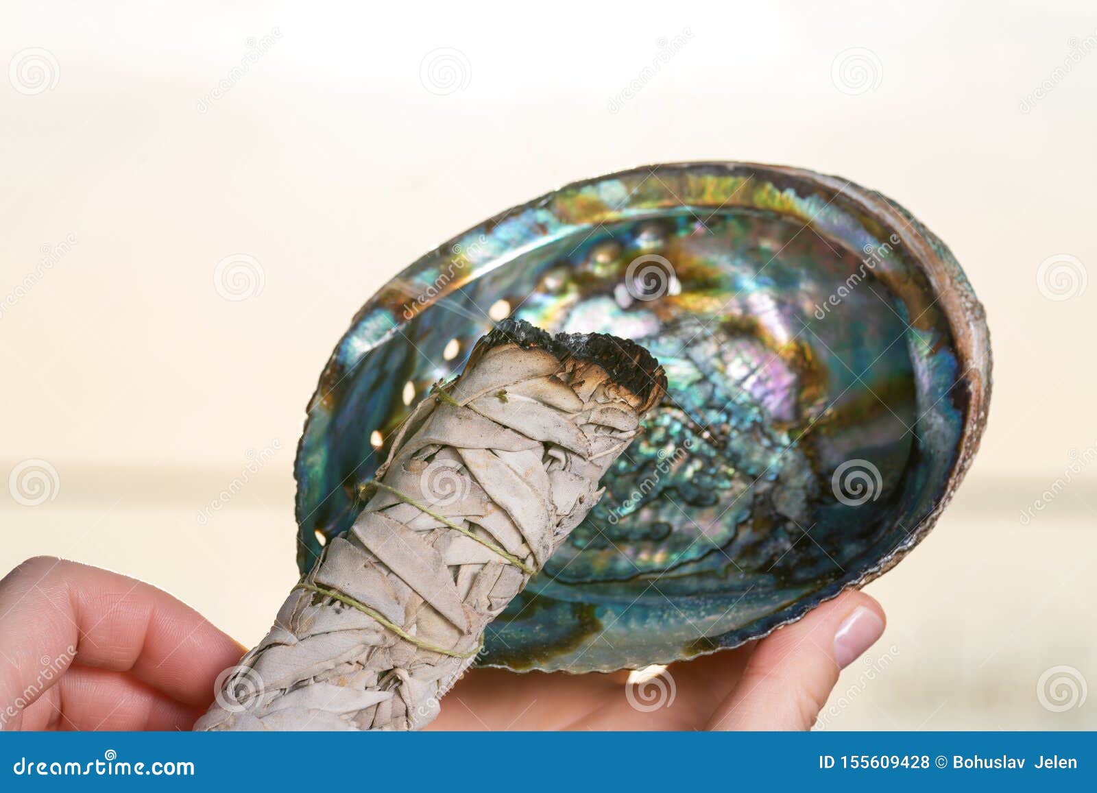 Smudging Ritual Using Burning Thick Leafy Bundle of White Sage in ...