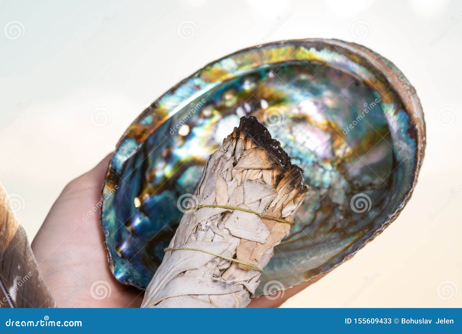 Smudging Ritual Using Burning Thick Leafy Bundle of White Sage in ...