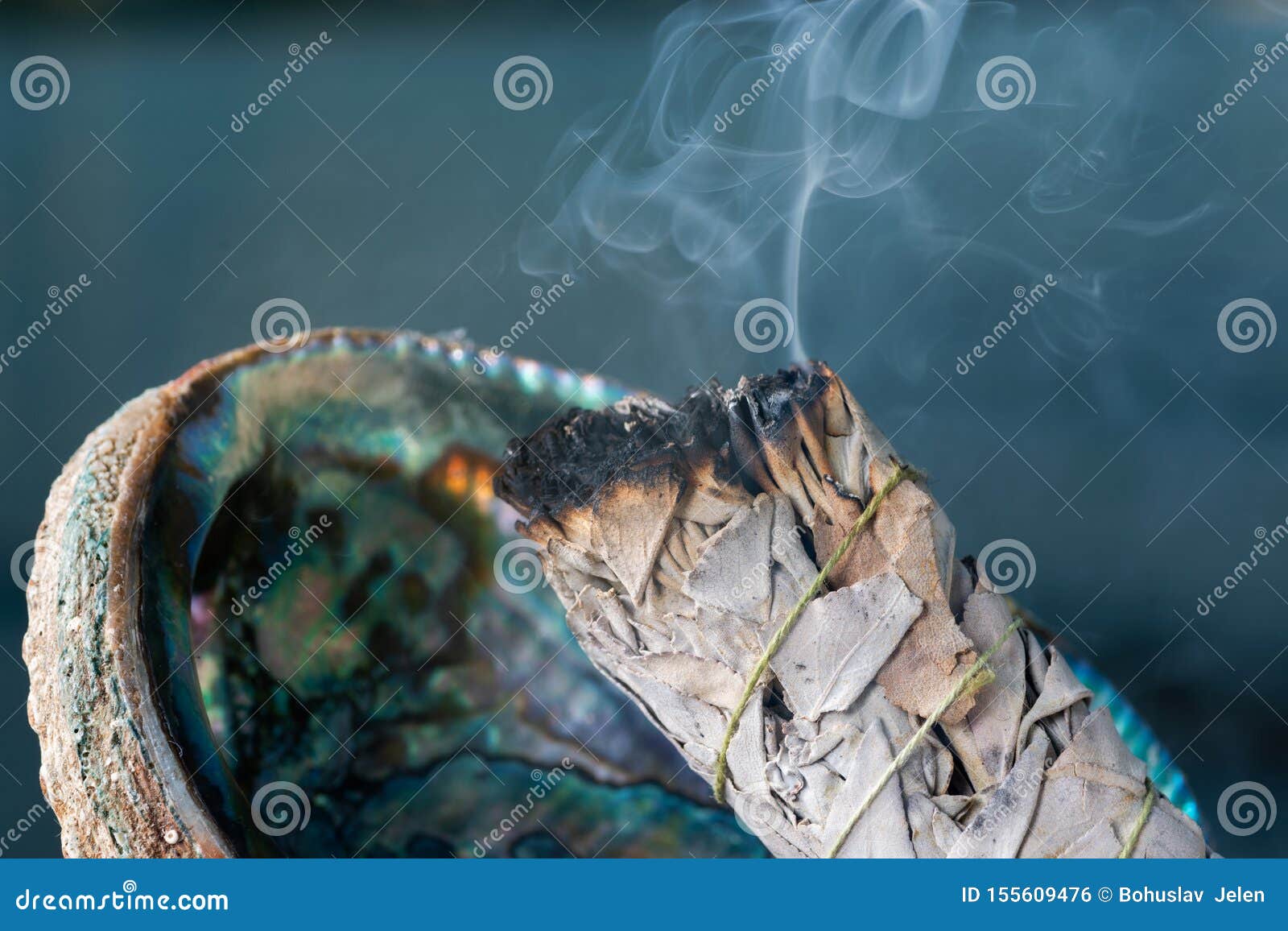 Smudging Ritual Using Burning Thick Leafy Bundle of White Sage in ...