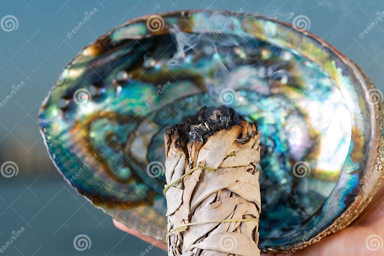Smudging Ritual Using Burning Thick Leafy Bundle of White Sage in ...