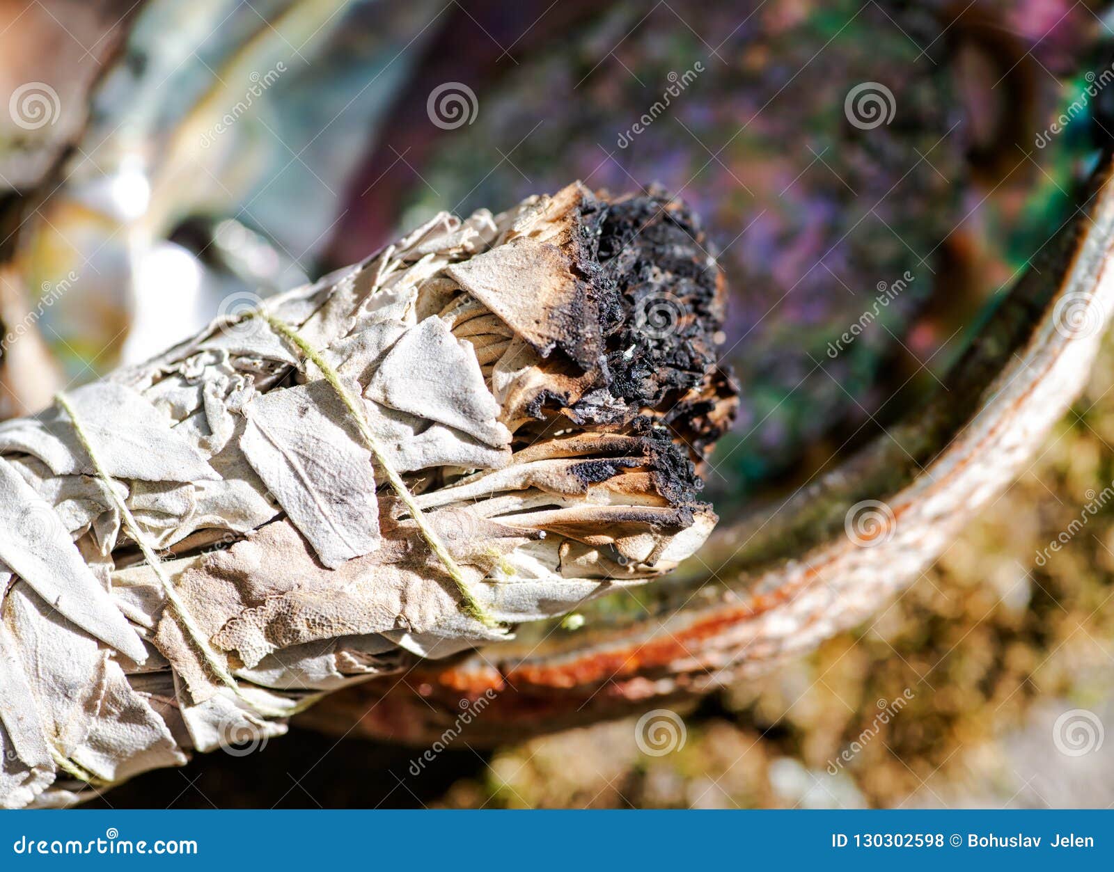 Smudging Ritual Using Burning Thick Leafy Bundle of White Sage in ...
