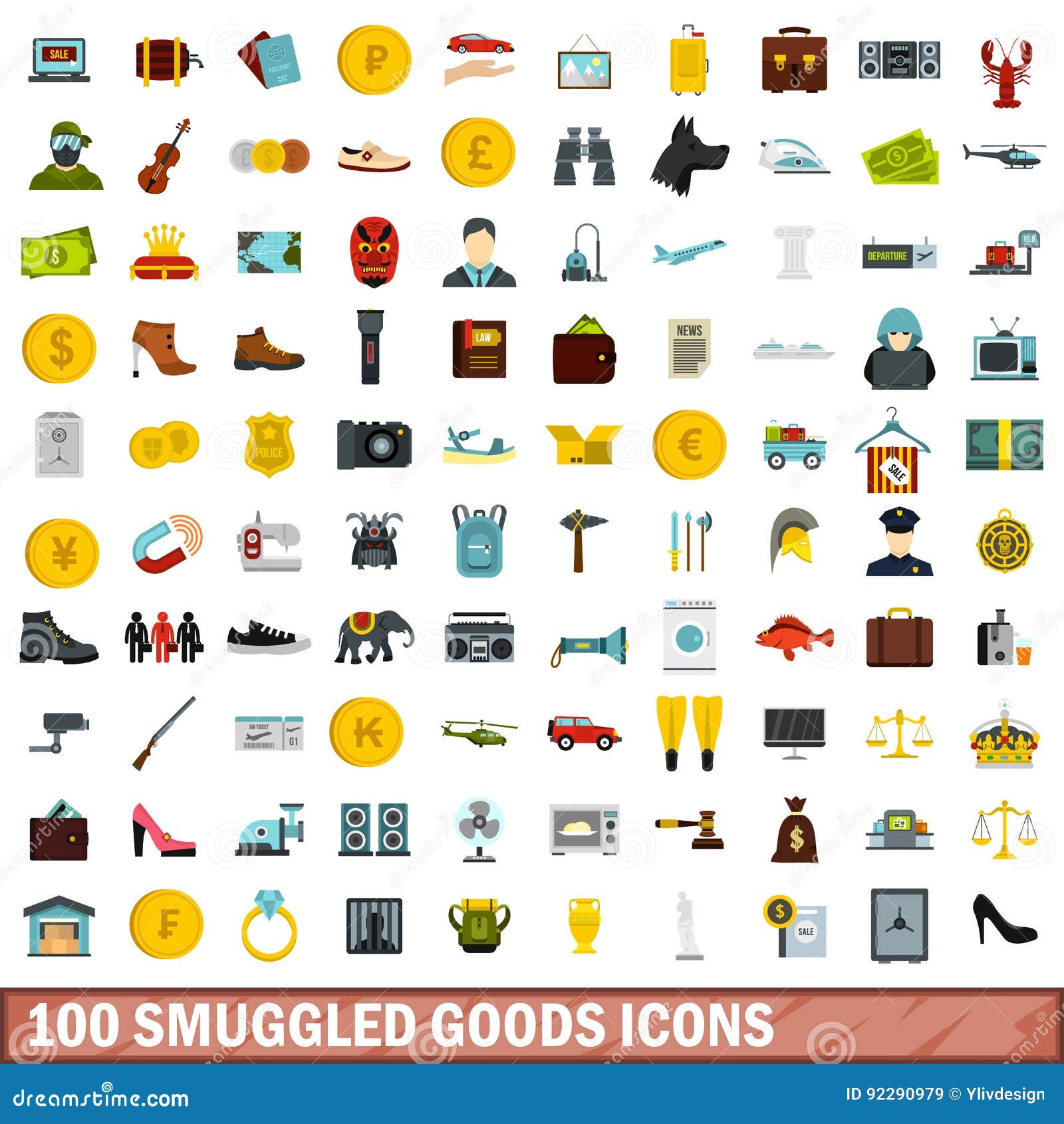 100 Smuggled Goods Icons Set, Flat Style Stock Vector - Illustration of ...
