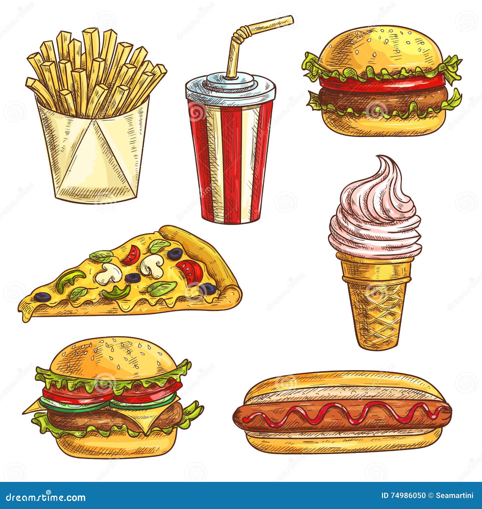 Snabbmat Skissar Symbolsuppsättningen Vektor Illustrationer ...