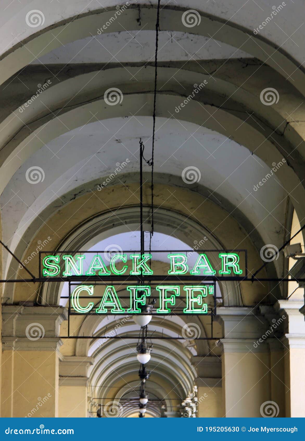 Snack Bar Cafe Neon Sign Under Arches of a Building Stock Photo - Image ...