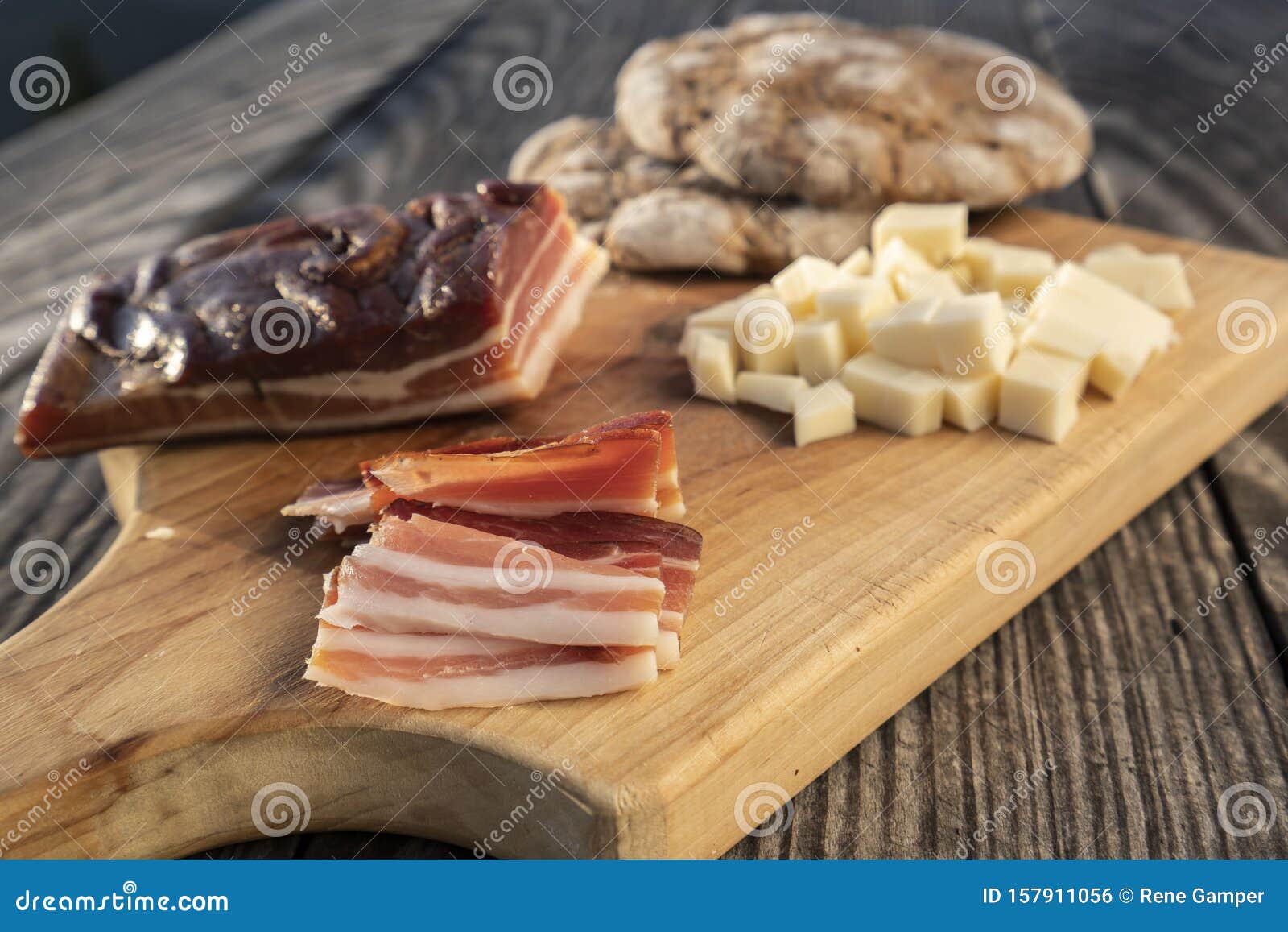 Snack with Delicious South Tyrolean Smoked Bacon and Cheese with Flat ...
