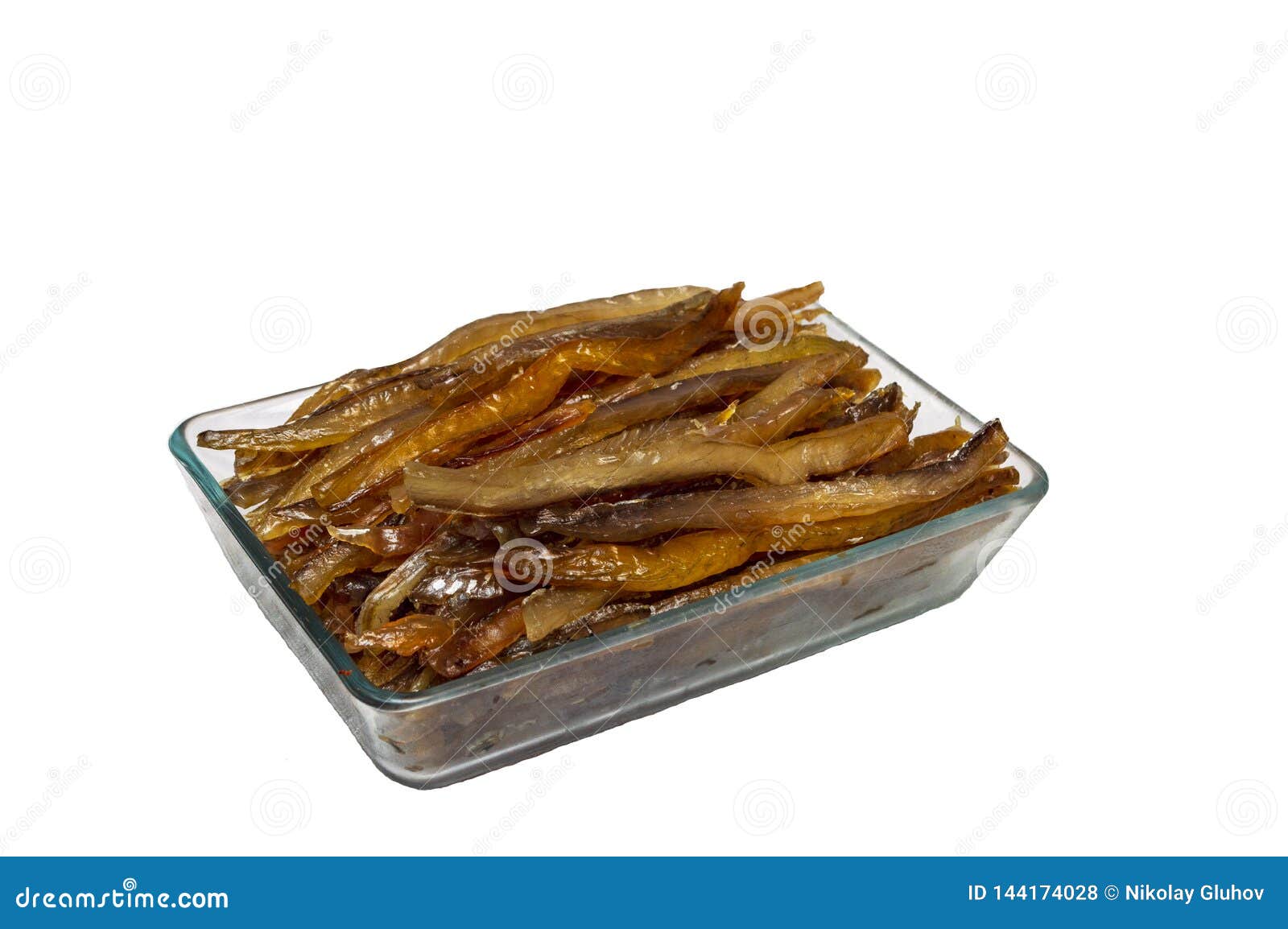 Snack Fish Catfish in a Square Transparent Plate. Stock Photo - Image ...