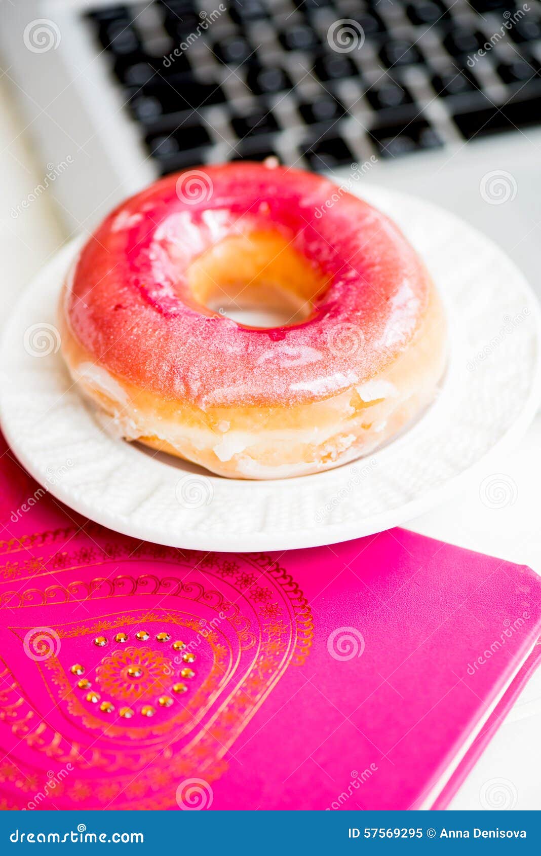 Snack from Glazed Doughnut Near Laptop on Working Desk Stock Image ...