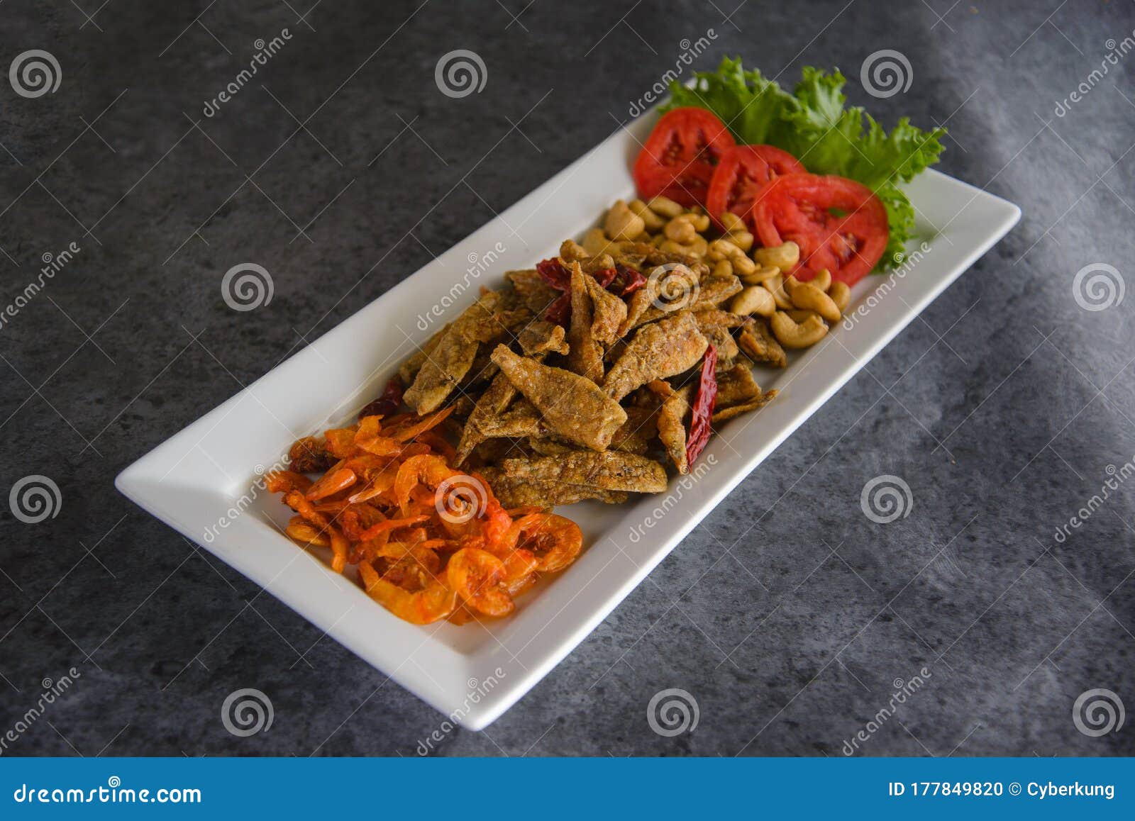 Snack on Long Dish Include Little Shrimp, Fish and Bean Stock Photo ...