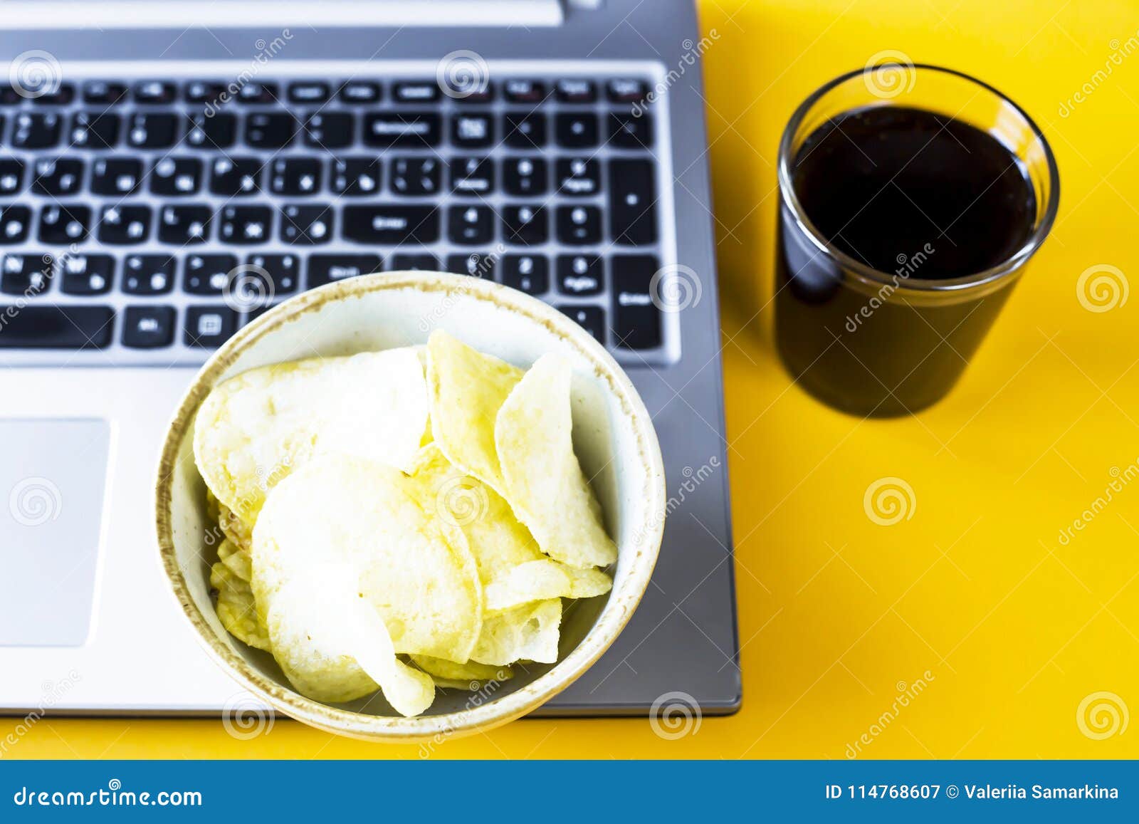 Snacking with Junk Food at the Laptop Stock Image - Image of cola ...