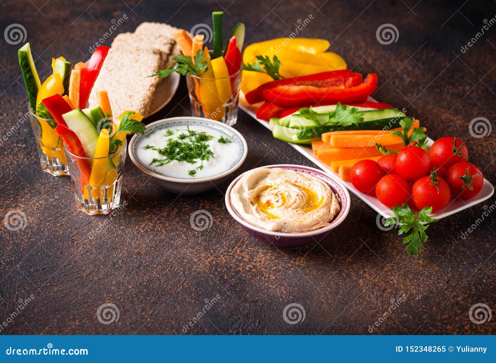Snacks Bar. Vegetables Sticks and Hummus Stock Image - Image of food ...