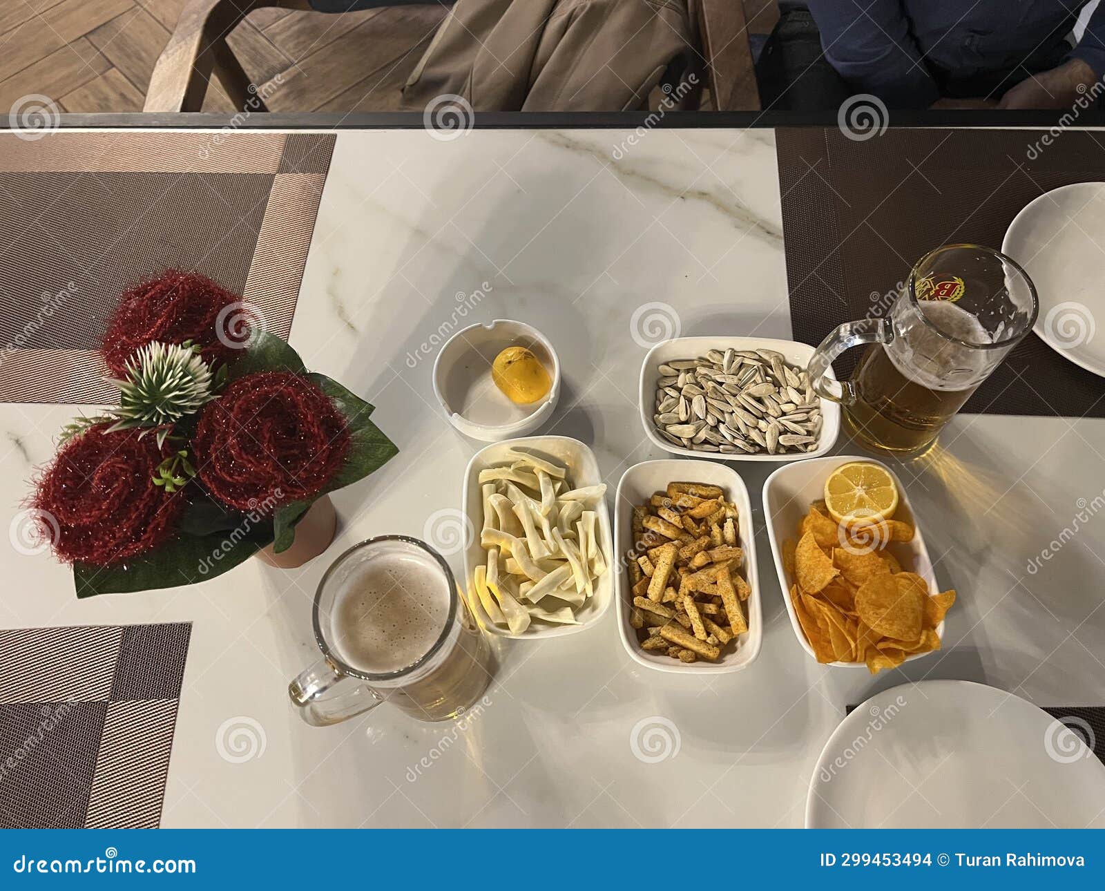 Snacks and Beer on the Table in a Pub. Close Up Stock Photo - Image of ...