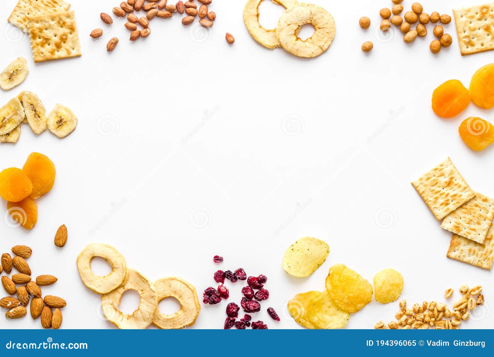 Snacks Mix Frame Top View. Nuts and Dried Fruits with Crackers, Copy ...