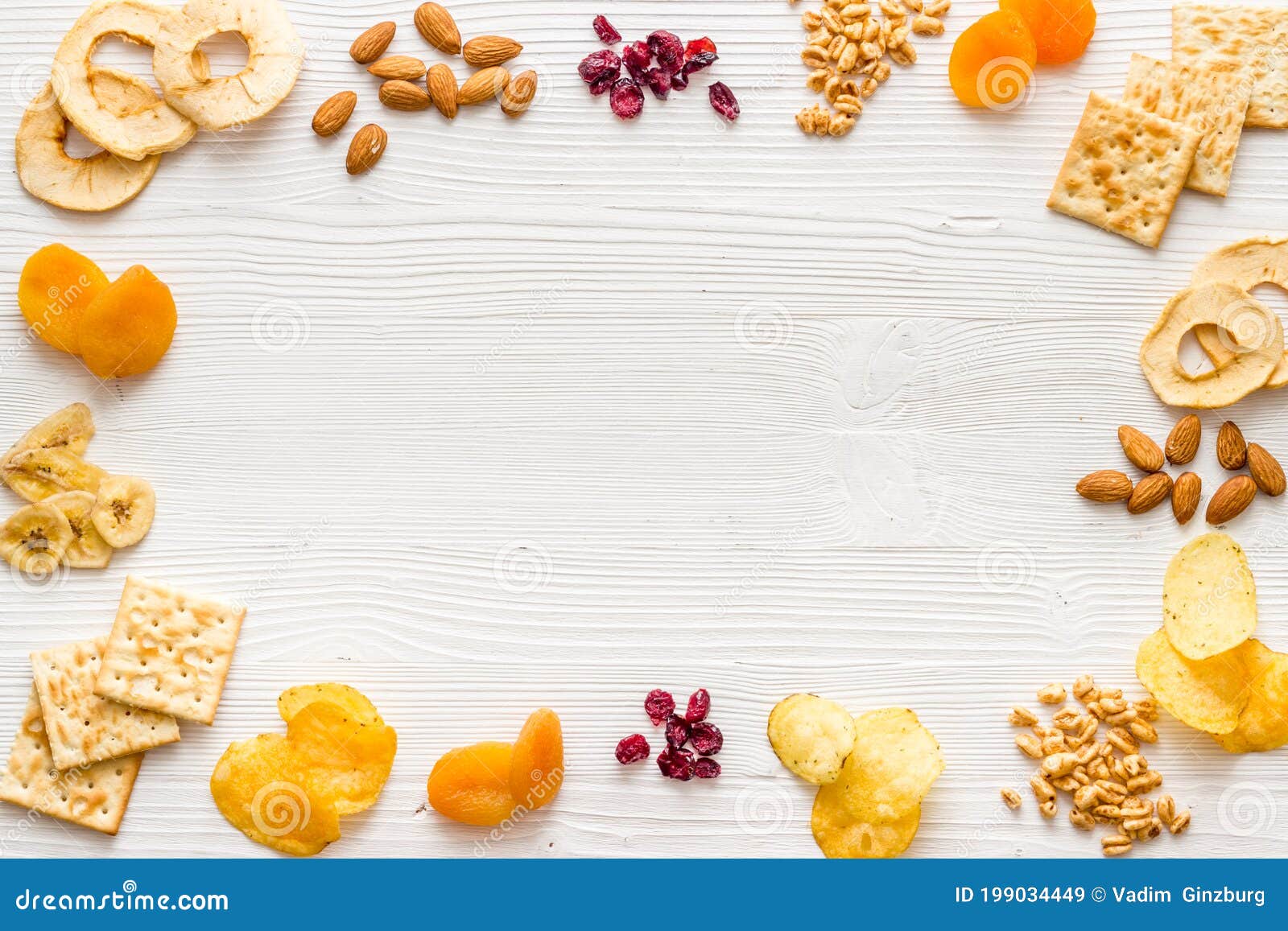 Snacks Mix Frame Top View. Nuts and Dried Fruits with Crackers, Copy ...