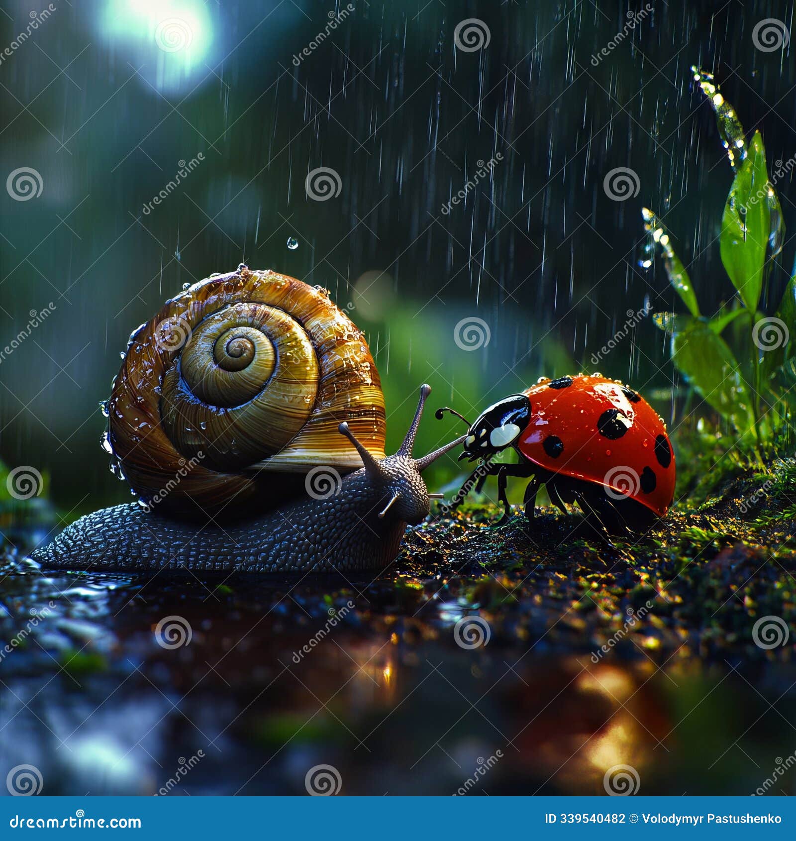 A Snail and a Ladybug are Fighting in the Rain Stock Photo - Image of ...
