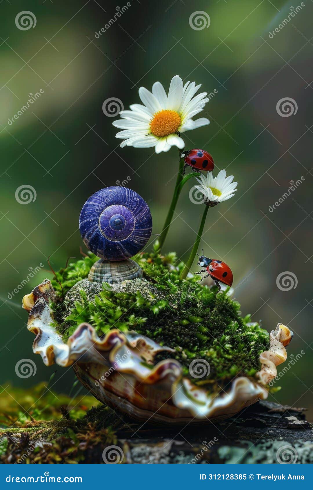 Snail and Ladybug in the Forest. a Small Daisy Flower Growing from a ...