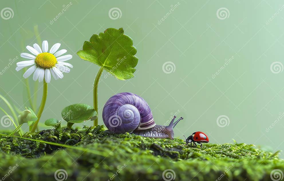 Snail and Ladybug on the Moss. a Small Purple Snail is Sitting on Moss ...