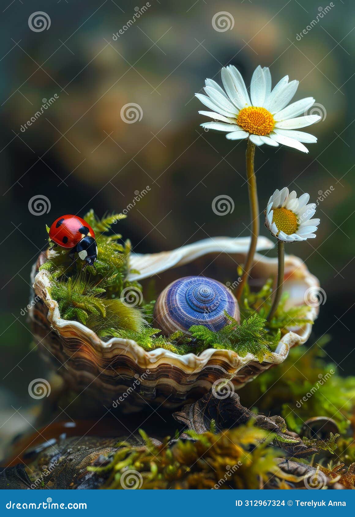Snail and Ladybug in Shell on Green Moss and Daisy Stock Photo - Image ...