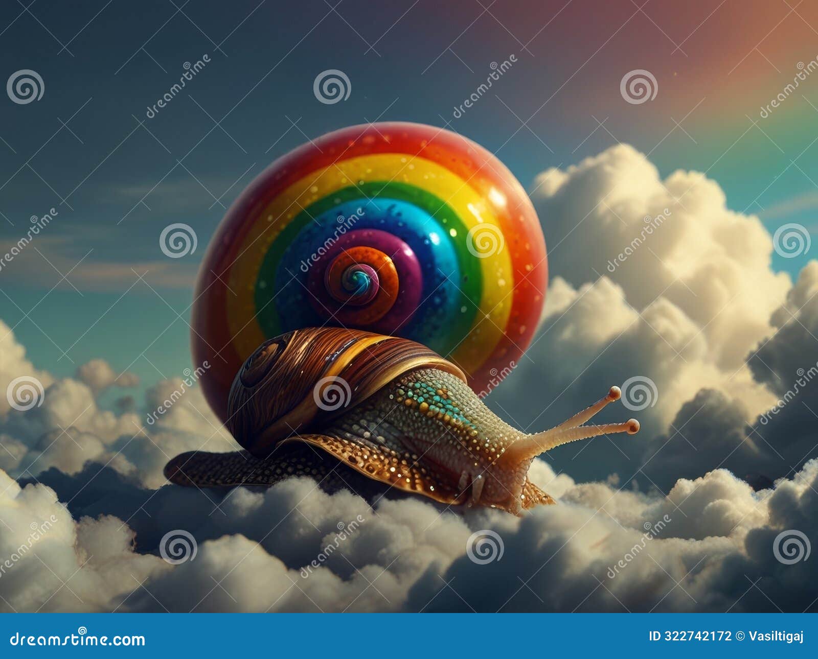Snail with Rainbow Shell Crawling on Clouds Stock Illustration ...