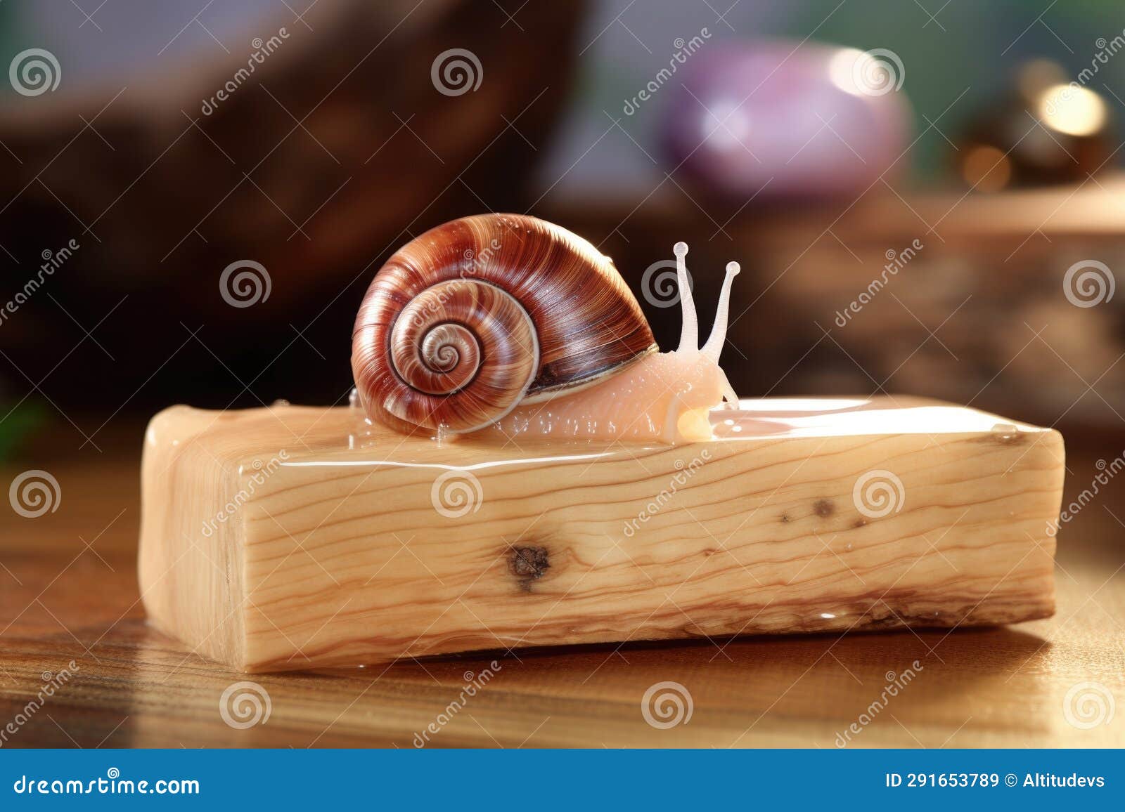 A Snail Resting on a Soap Bar Placed on a Wooden Counter Stock Image ...