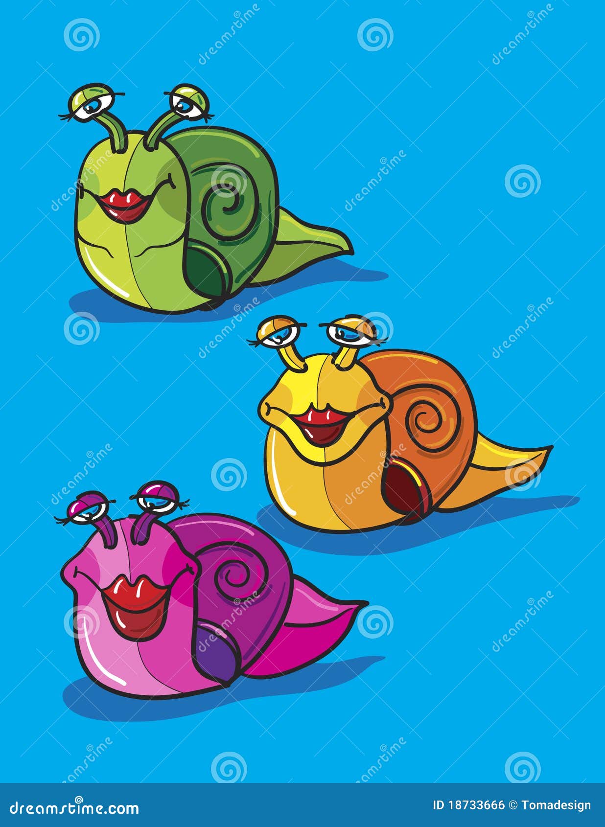 Snails Cartoon Characters. Slow Sea Slug Or Caracoles Vector ...