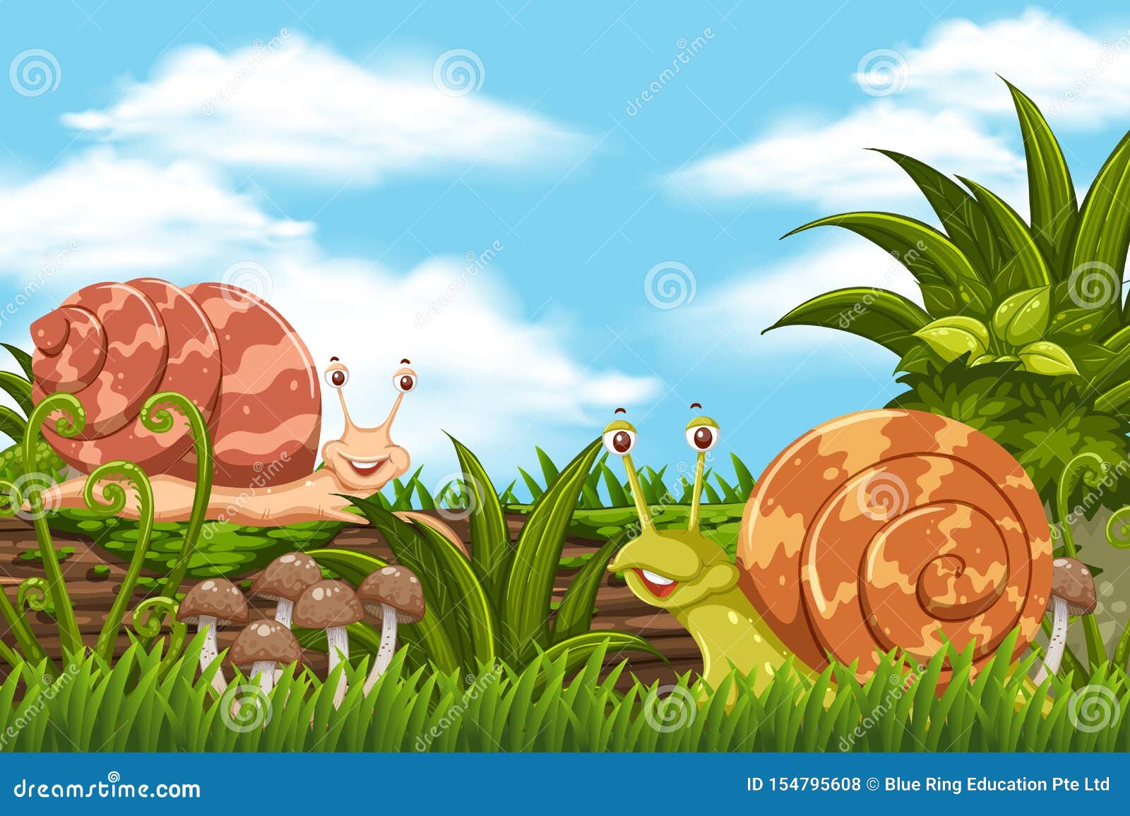 Snails in jungle scene stock vector. Illustration of adorable - 154795608