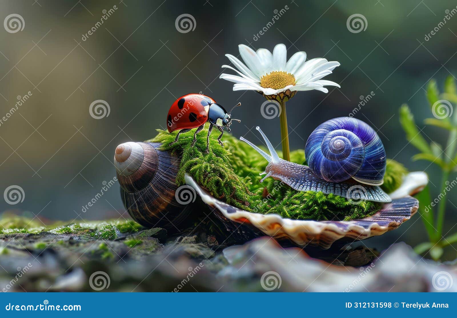 Snails and Ladybug on Piece of Moss. a Small Daisy Flower Growing from ...