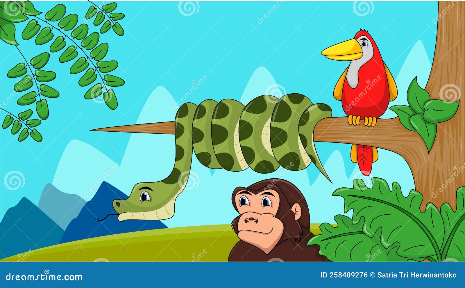 Snake, Bird, Monkey with Beautiful Landscape Cartoon Vector ...