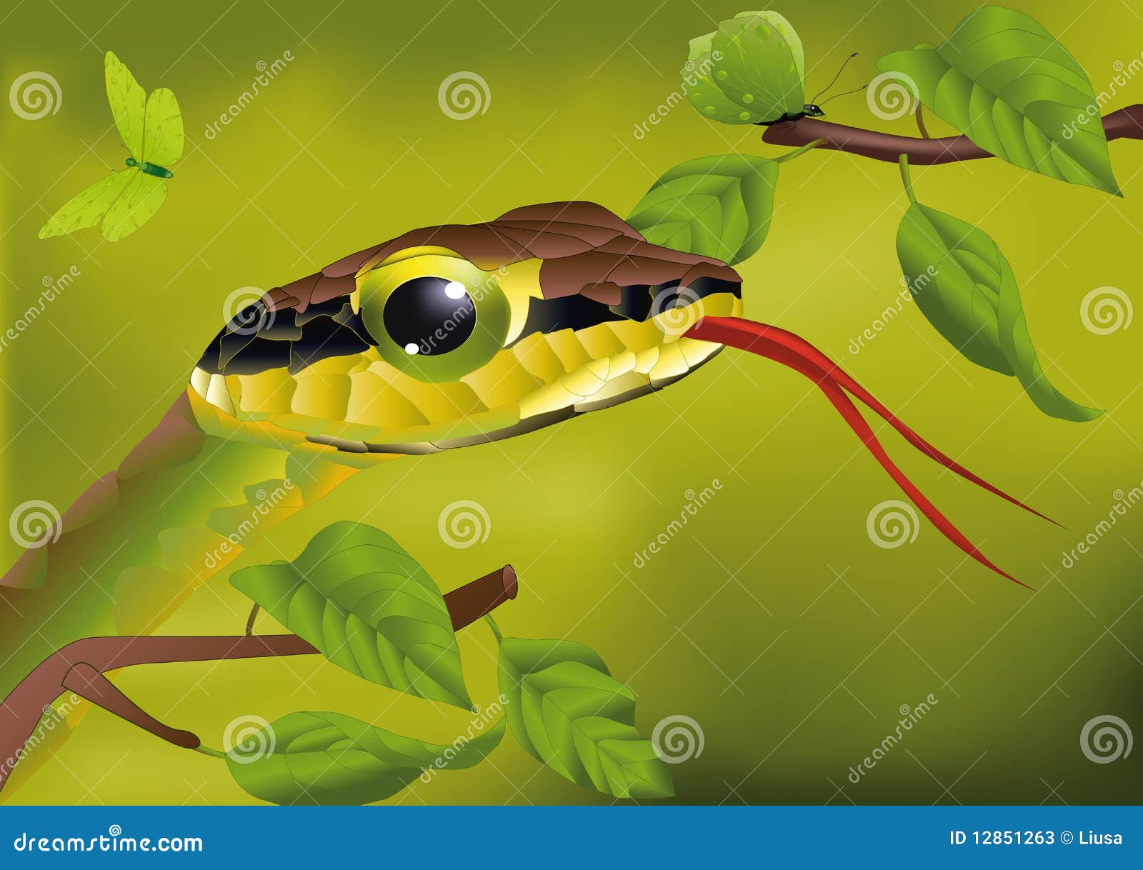 Snake and the butterfly stock vector. Illustration of life - 12851263