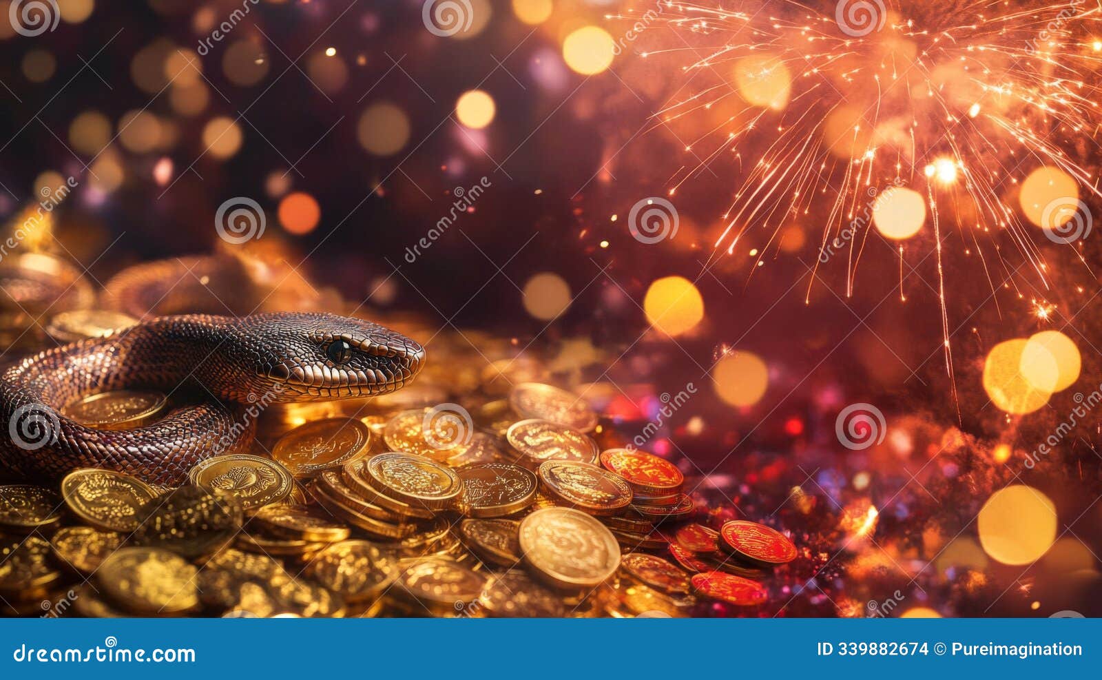 A Snake Coiled Around a Pile of Gold Coins with Fireworks in the ...